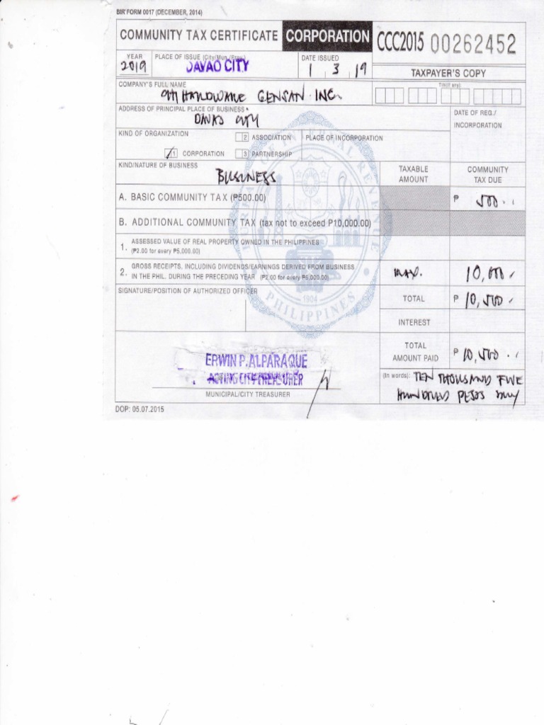 Community Tax Certificate Providing Insight into Tax Obligations for ...