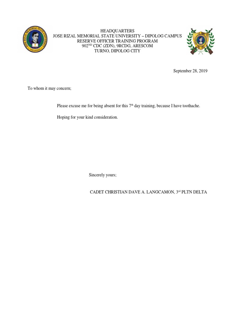 Excuse Letter For Rotc | PDF