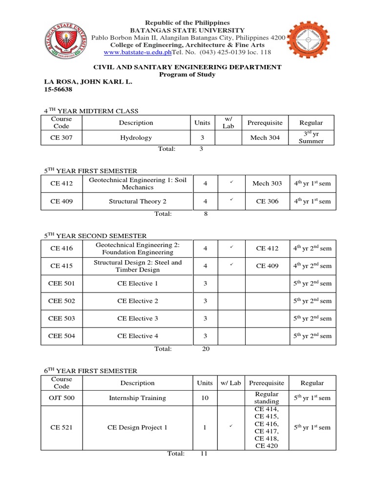 Civil and Sanitary Engineering Department Program of Study La Rosa ...
