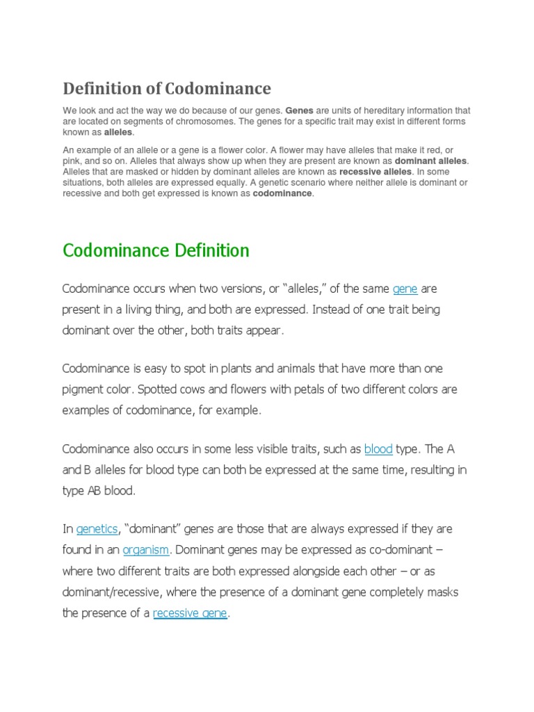 Definition of Codominance | PDF | Dominance (Genetics) | Allele