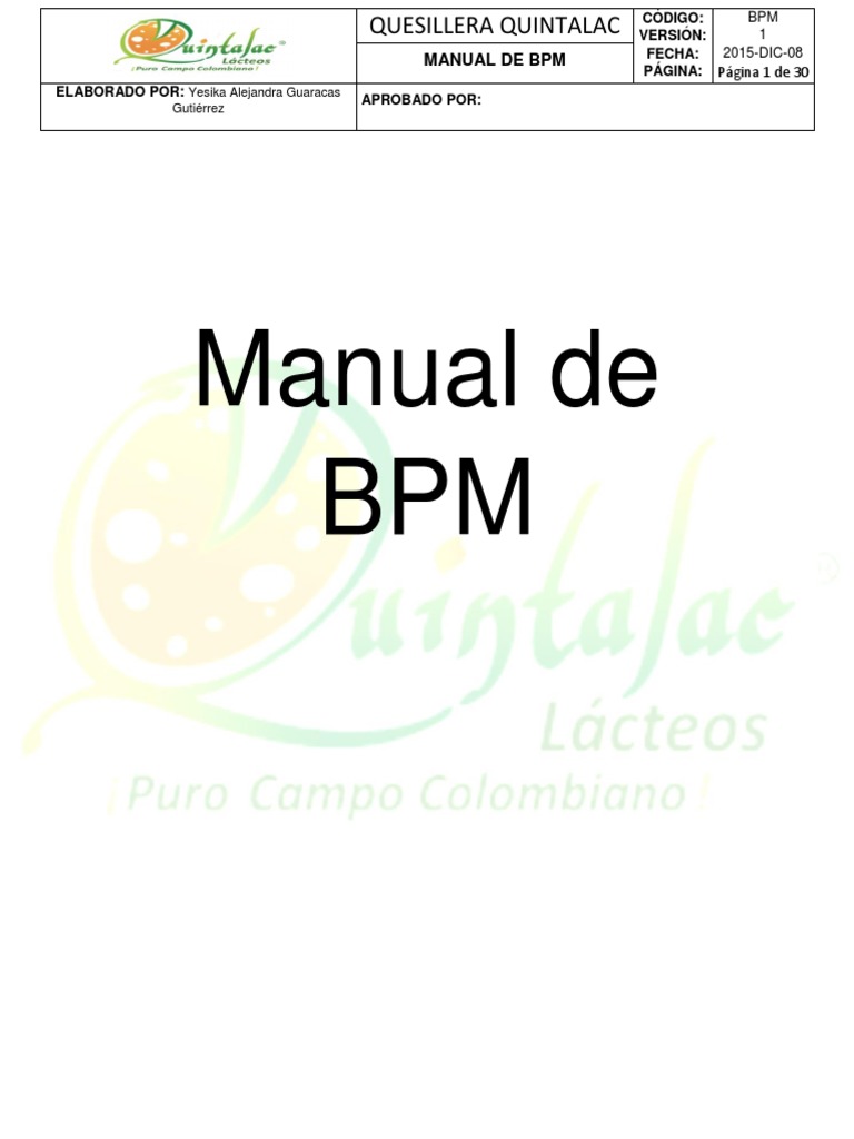 Manual de BPM para Quesillera Quintalac | PDF | Alimentos | Calidad ...