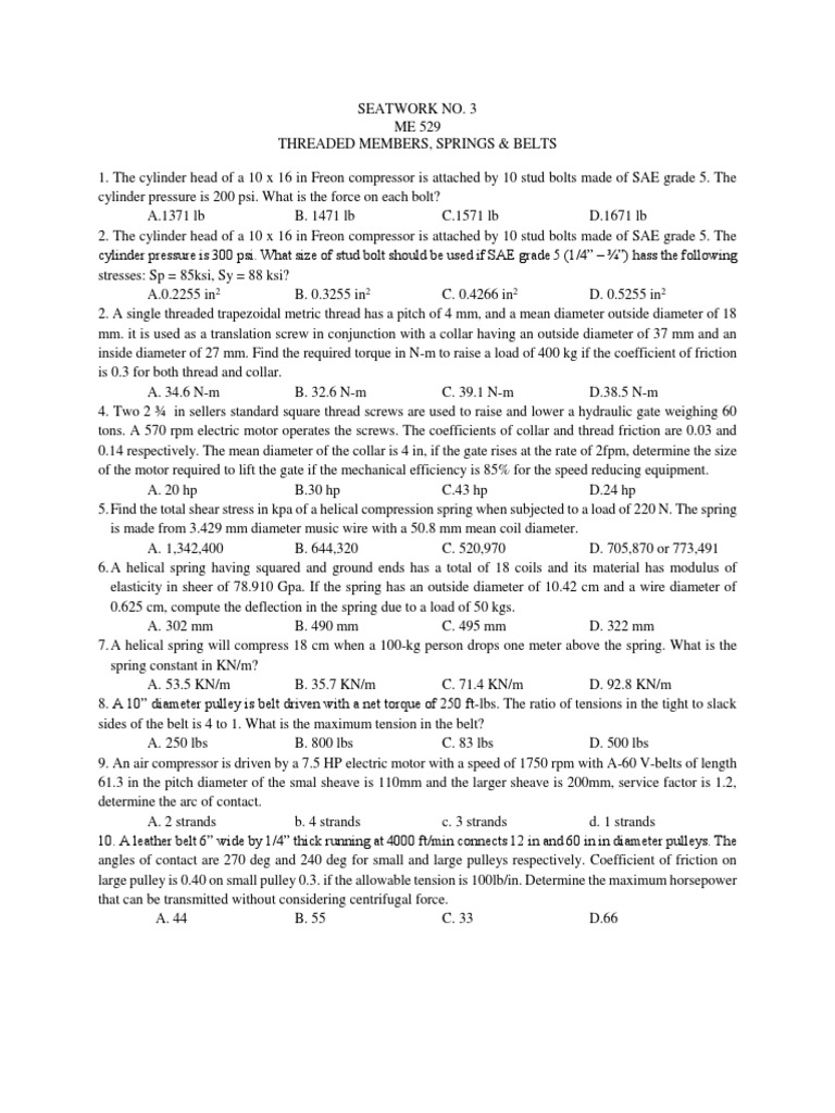 SEATWORK NO. 3 ME 529 THREADED MEMBERS, SPRINGS & BELTS | PDF | Belt ...