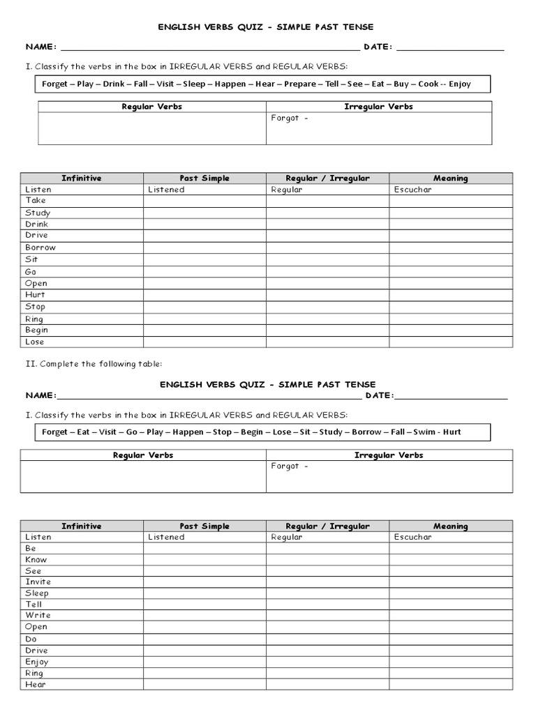 QUIZ REGULAR AND IRREGULAR VERBS Eslprintables20106142388580139279 | PDF
