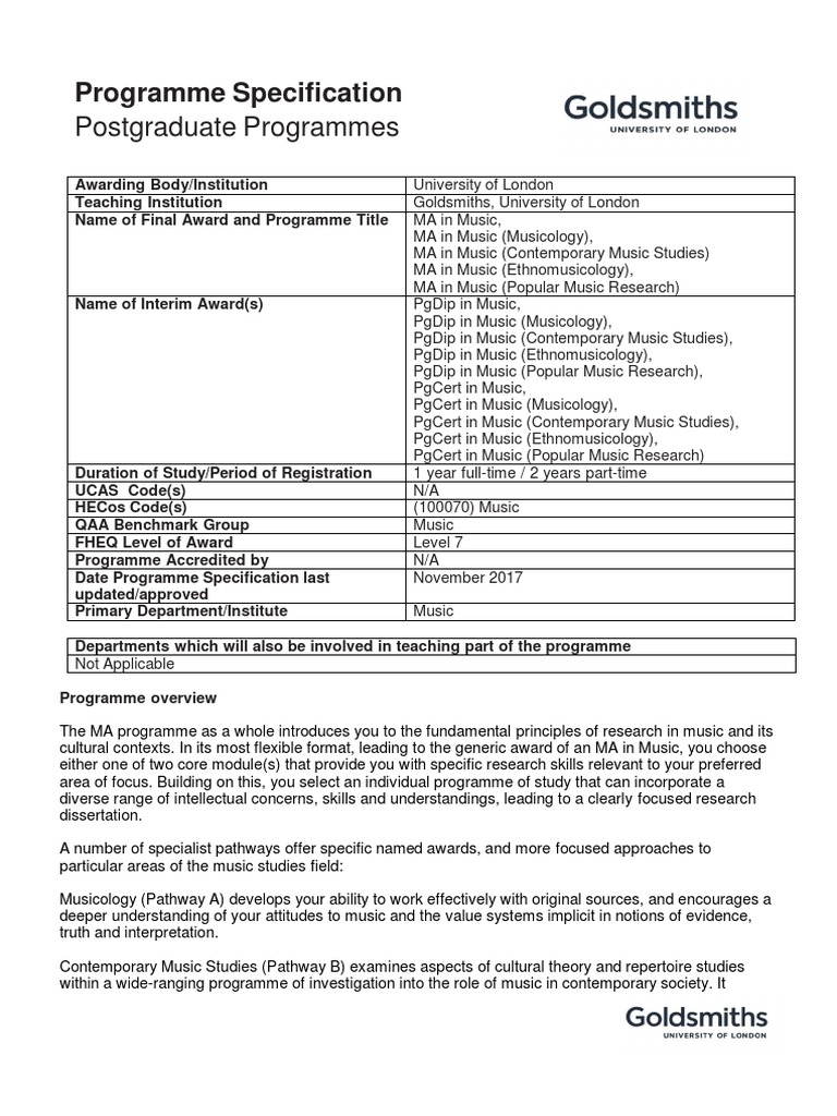 Postgraduate Programmes: Programme Specification | PDF | Musicology | Educational Assessment