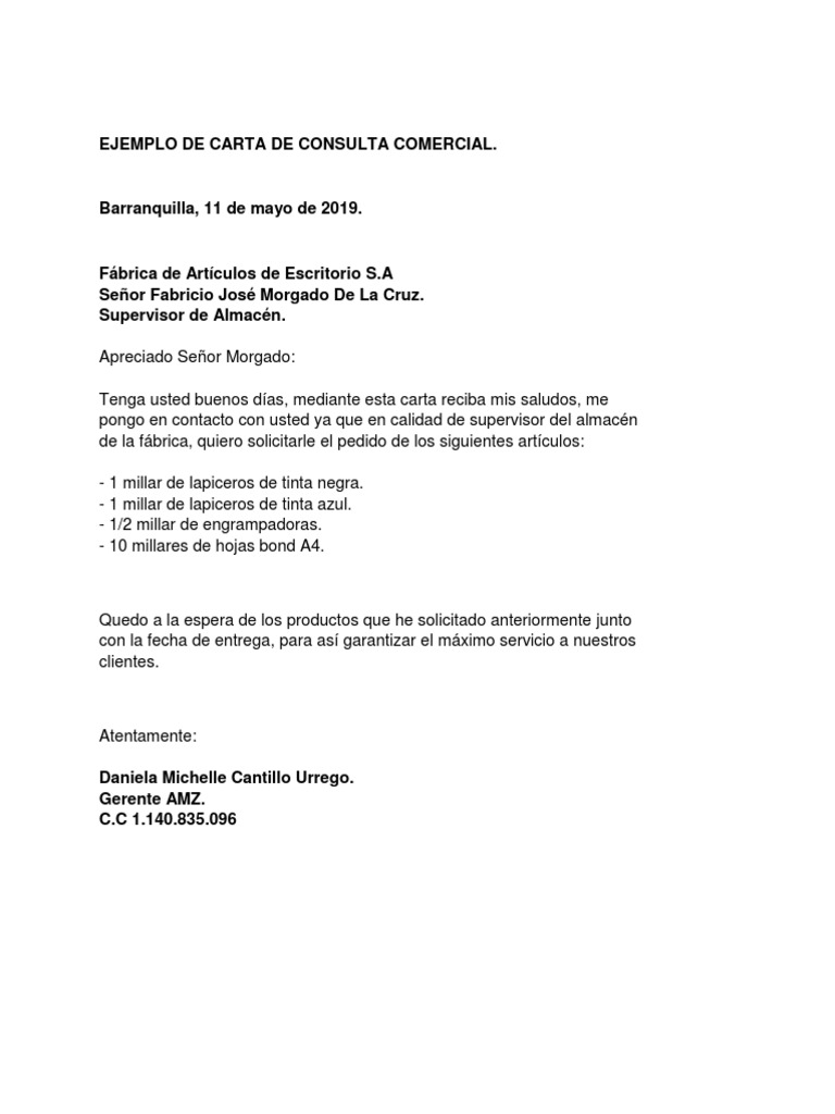 Ejemplo De Carta De Consulta Comercial