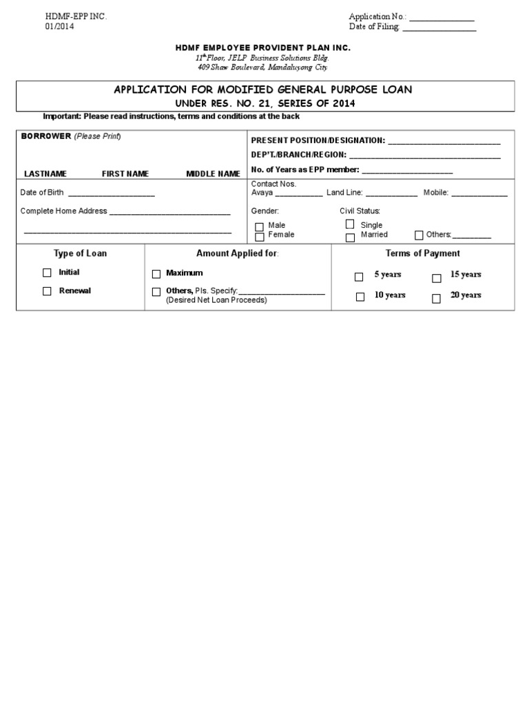 HDMF Employee Provident Plan Loan Application | PDF | Loans | Fee