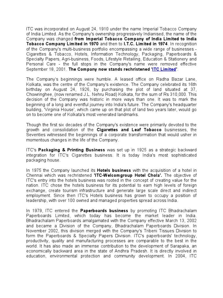 Tobacco Company Limited in 1970 and Then To I.T.C. Limited in 1974. in ...