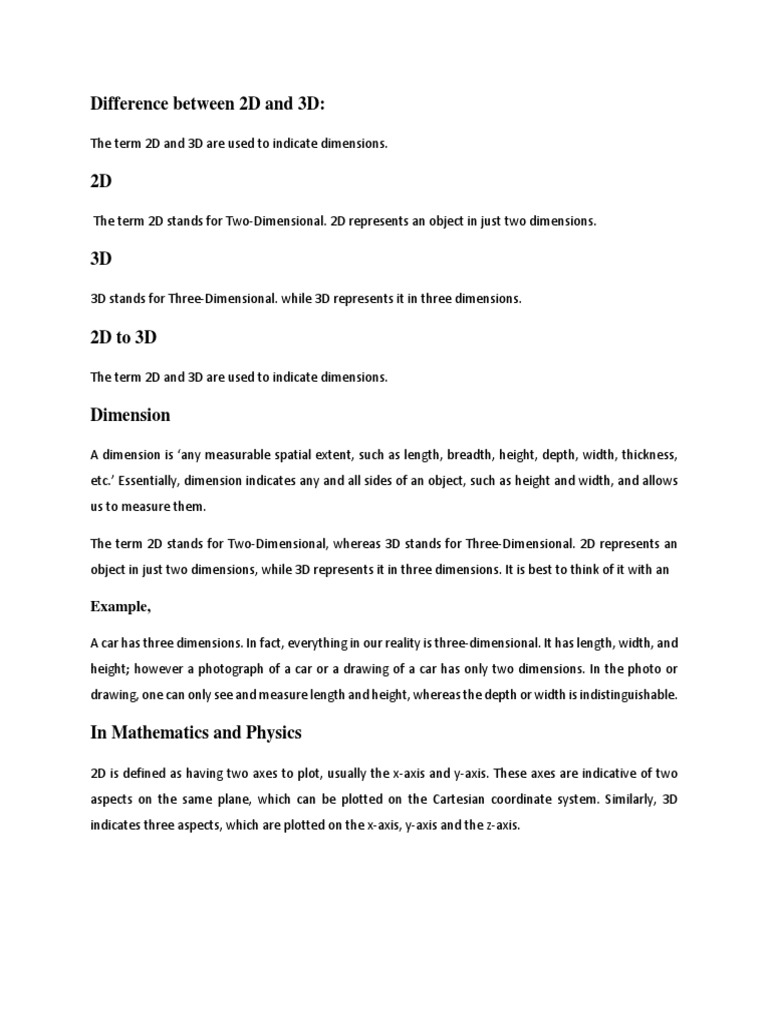 Difference Between 2D and 3D | PDF | Cartesian Coordinate System | 3 D ...