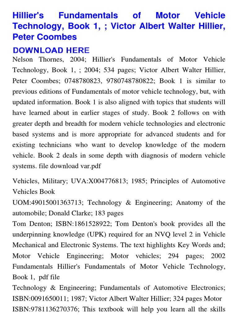 Hillier's Fundamentals of Motor Vehicle Technology, Book 1, Victor ...