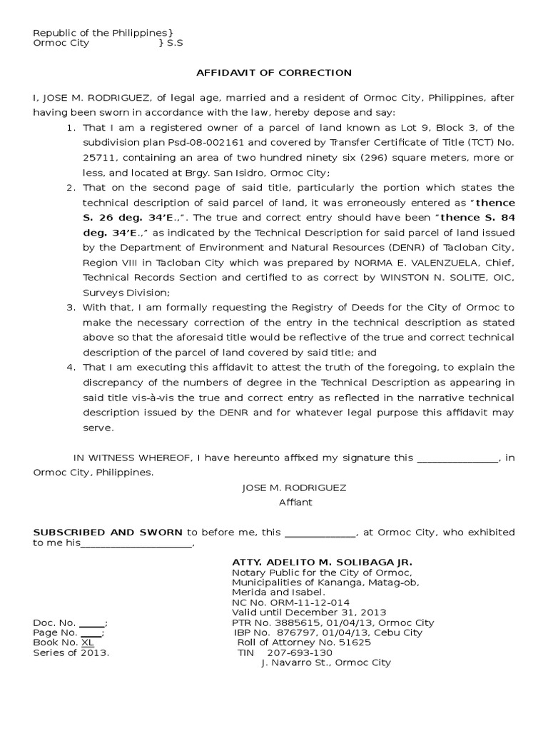 Affidavit of Correction-Rodriquez - Doc (Technical Description) | PDF ...