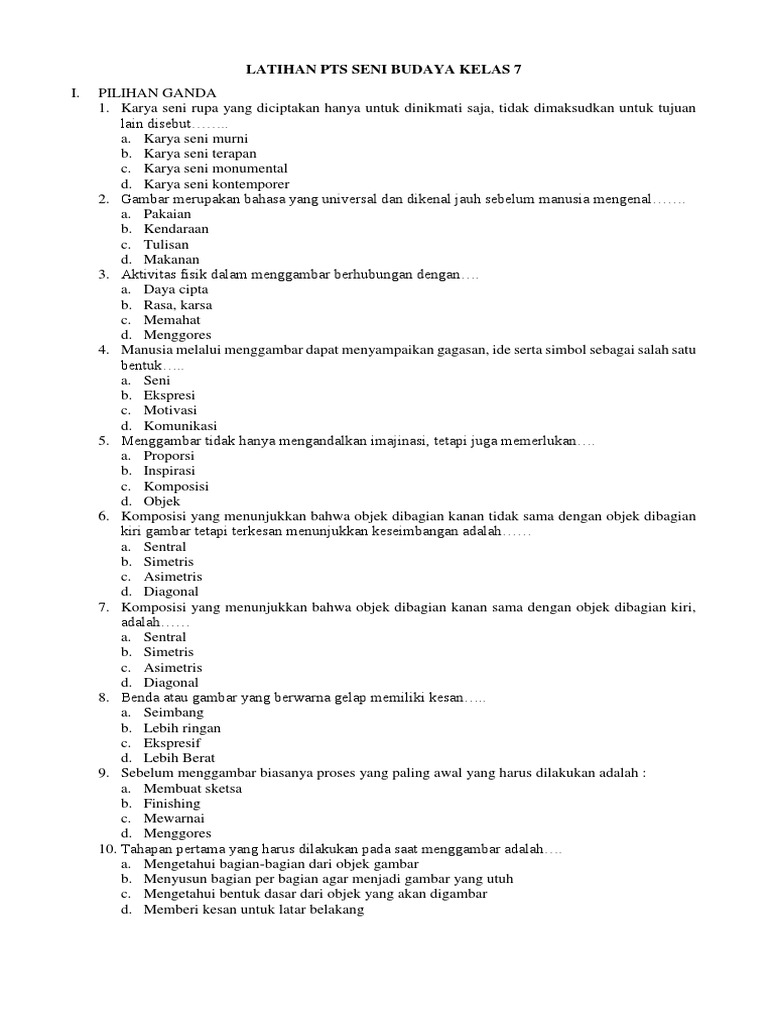 Latihan Pts Seni Budaya Kelas 7 | PDF
