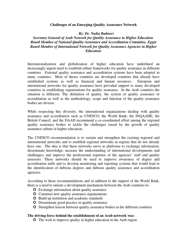 Challenges of An Emerging Quality Assurance Network | PDF | Business
