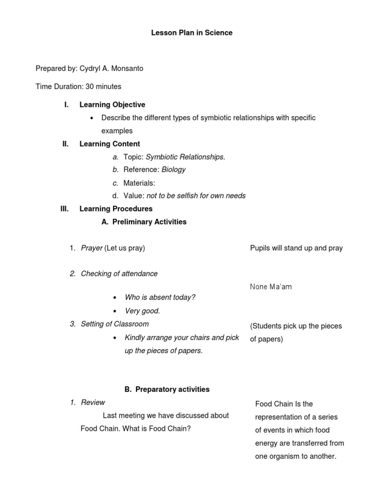 Lesson Plan in Science: A. Topic: Symbiotic Relationships. B. Reference ...