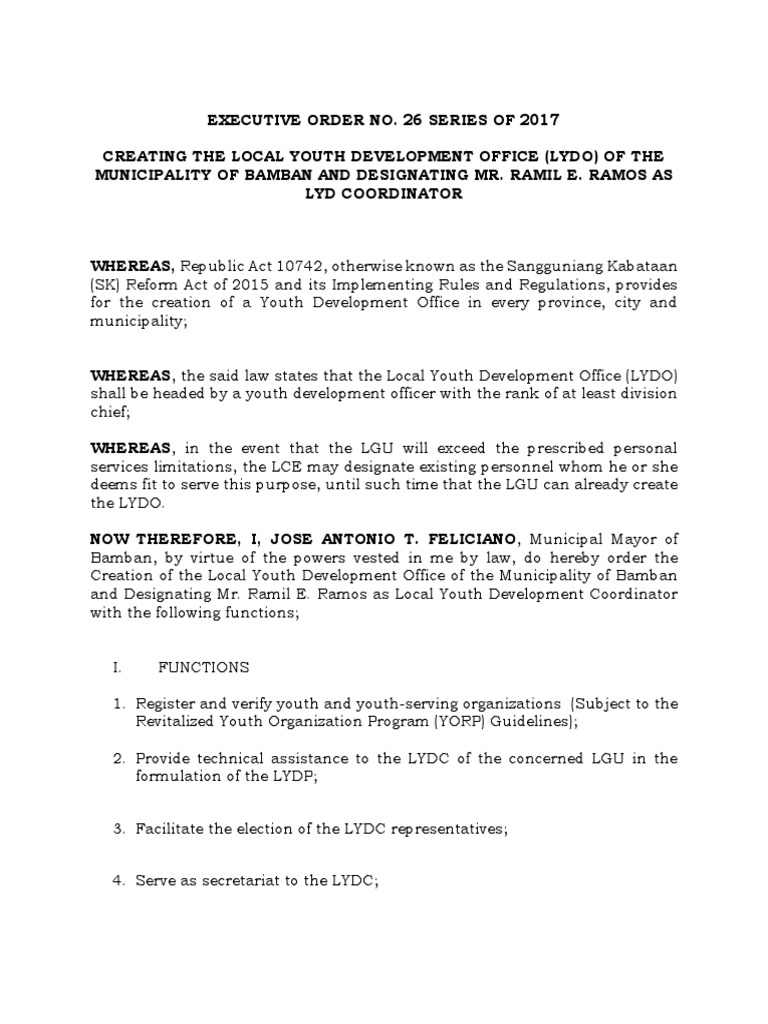 Executive Order No. 26 Series of 2017 (Creating The Local Youth ...
