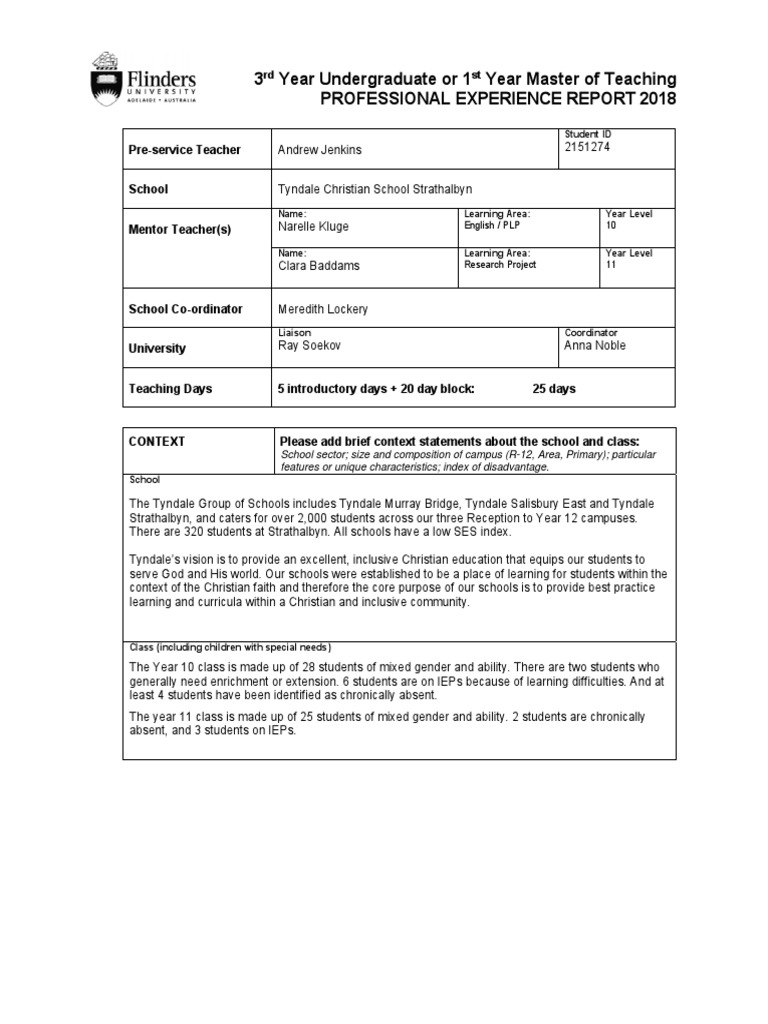 Jenkins Andrew Mss 3rd Yr-1mteach Report 2018 | PDF | Teachers | Mentorship