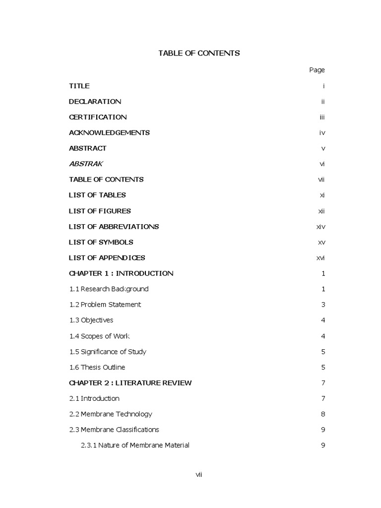 Thesis Table of Contents | PDF | Membrane | Membrane Technology
