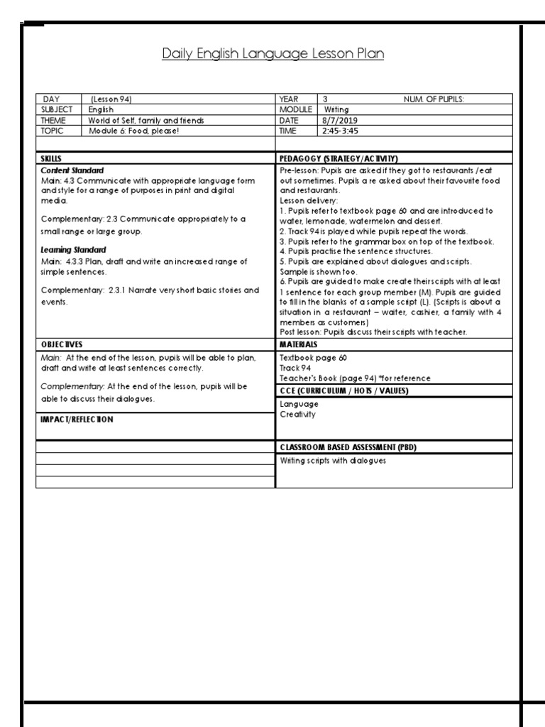 Daily English Language Lesson Plan: Skills Pedagogy (Strategy/Activity ...