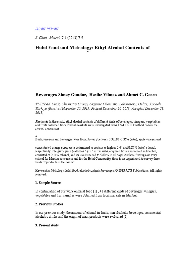 Halal Food and Metrology: Ethyl Alcohol Contents Of: J. Chem. Metrol. 7 ...