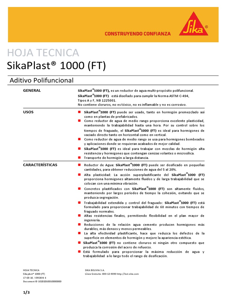 SikaPlast® 1000 (FT) Rev.4 17-03-16 | PDF | Hormigón | Agua