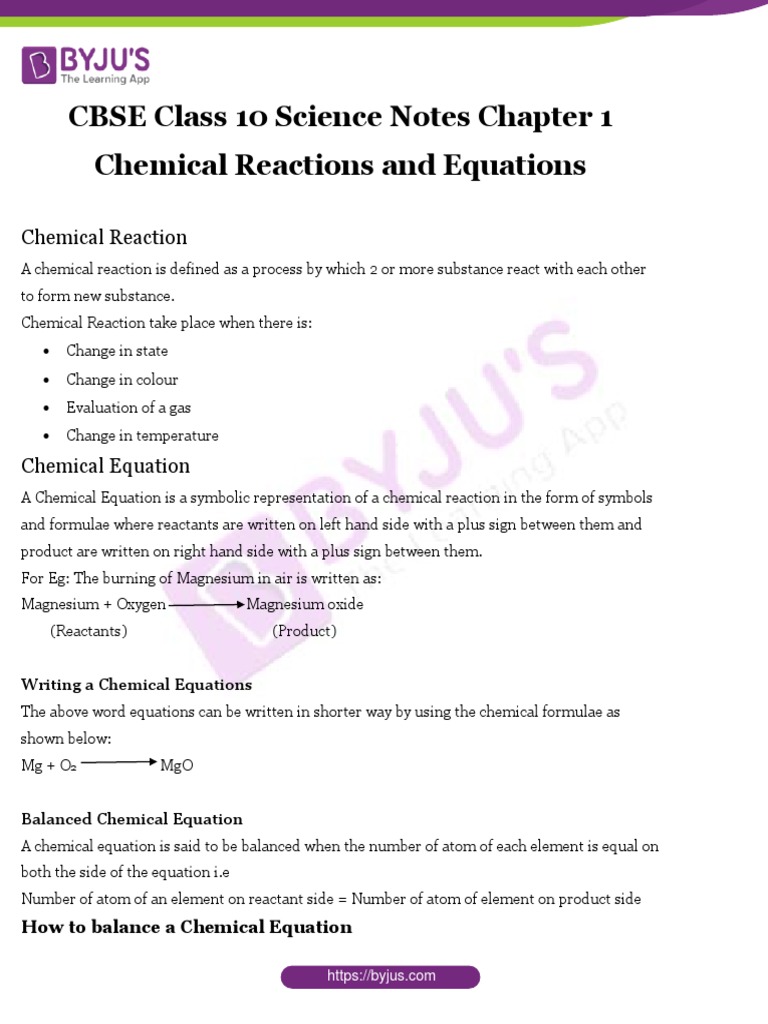 CBSE Class 10 Science Notes Chapter 1 Chemical Reactions and Equations ...