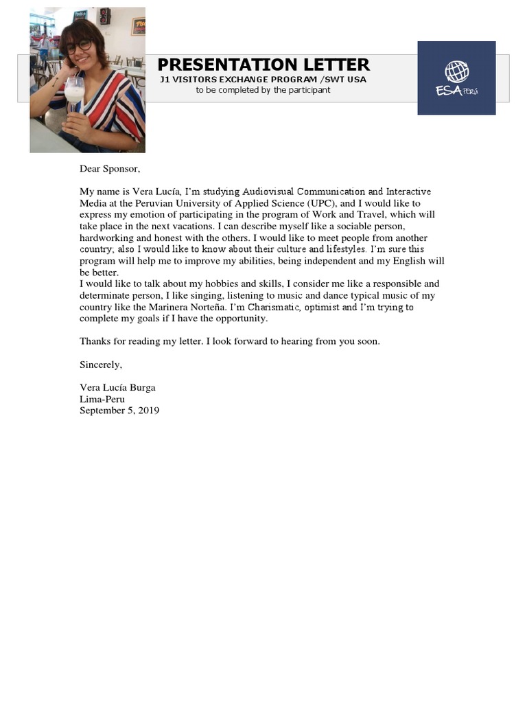 Presentation Letter: J1 Visitors Exchange Program /SWT Usa | PDF