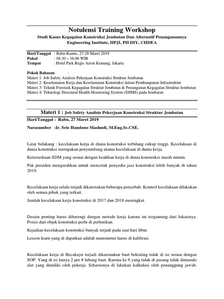 27-28 Maret 2019 Notulensi - Training Workshop Studi Kasus Kegagalan Konstruksi Jembatan ...