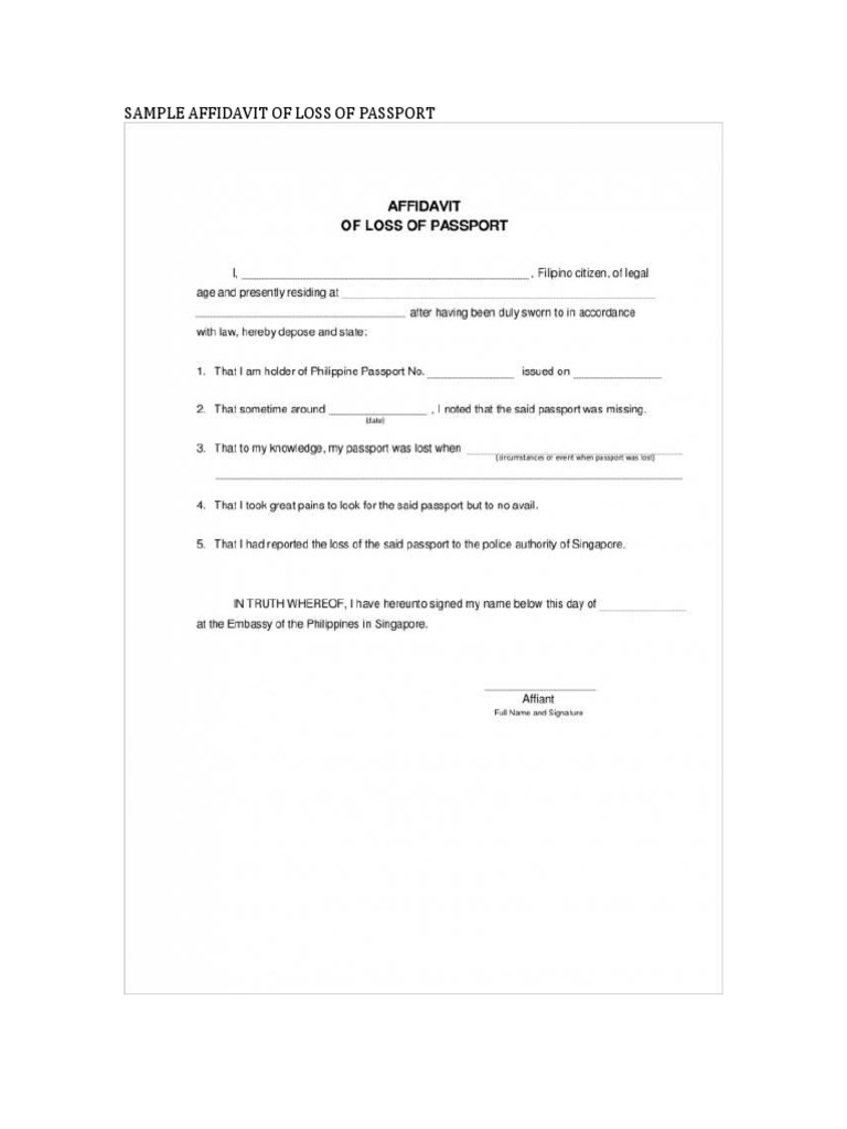 Sample Affidavit of Loss of Passport | PDF