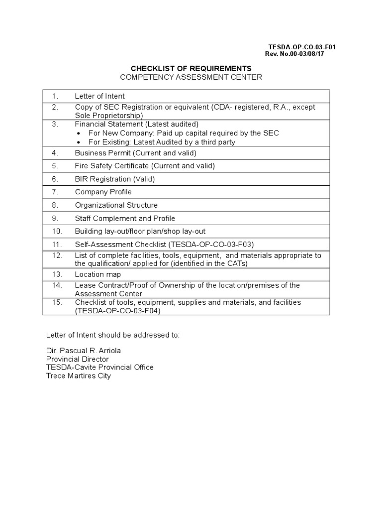 TESDA-OP-CO-03-F01 Checklist of Requirements For Accreditation of ... TESDA-OP-CO-03-F01 Checklist of Requirements For Accreditation of ...