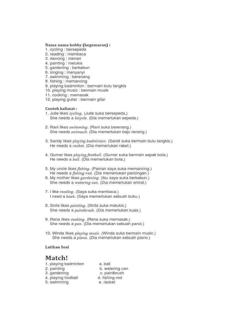 Match!: Nama-Nama Hobby (Kegemaran) | PDF
