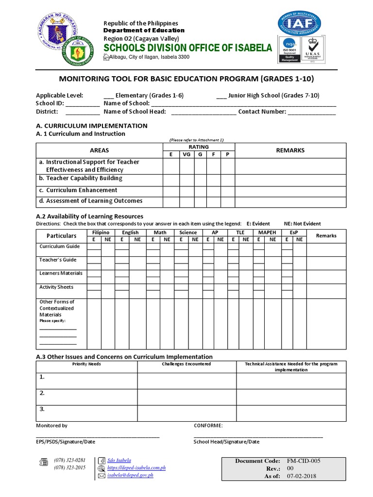 Curriculum Monitoring Tool for DepEd | PDF | Curriculum | Behavior ...