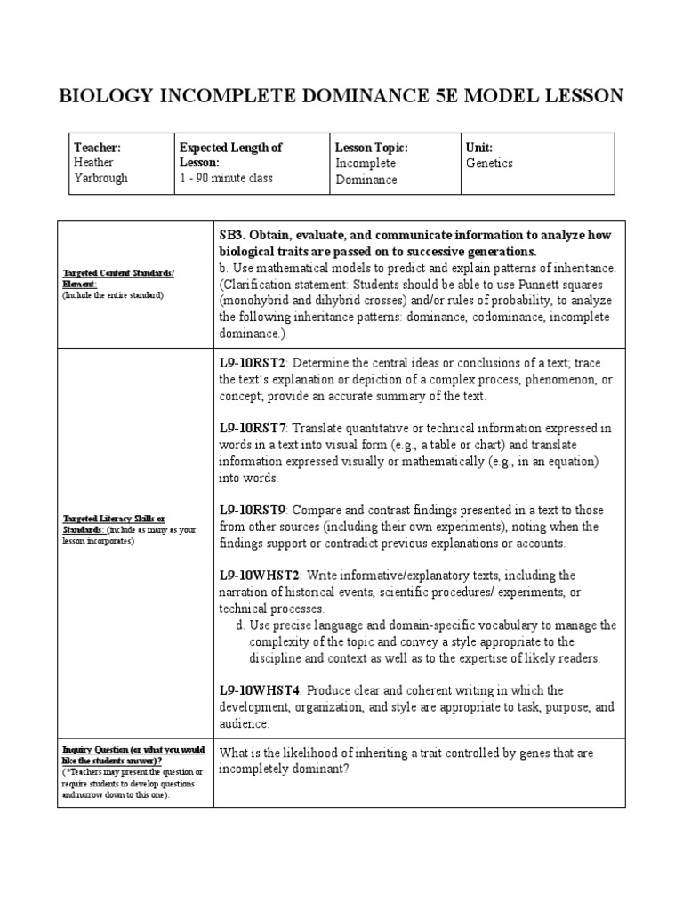 Biology Incomplete Dominance 5E Model Lesson | PDF | Dominance ...