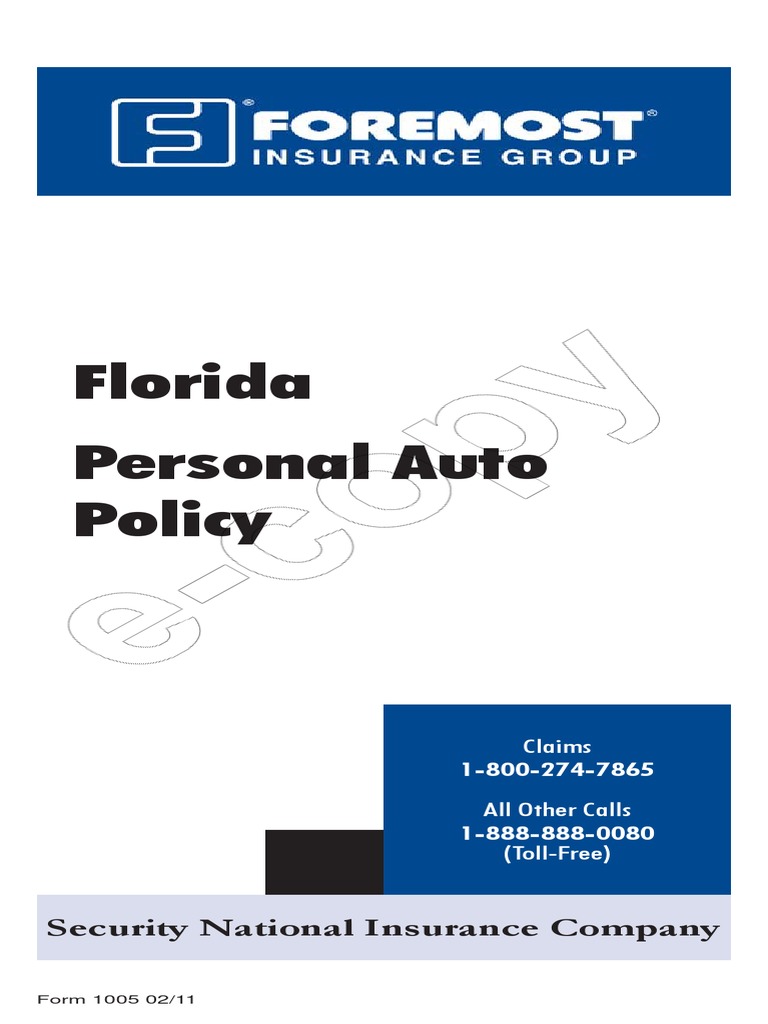 Florida Personal Auto Policy: Security National Insurance Company | PDF ...