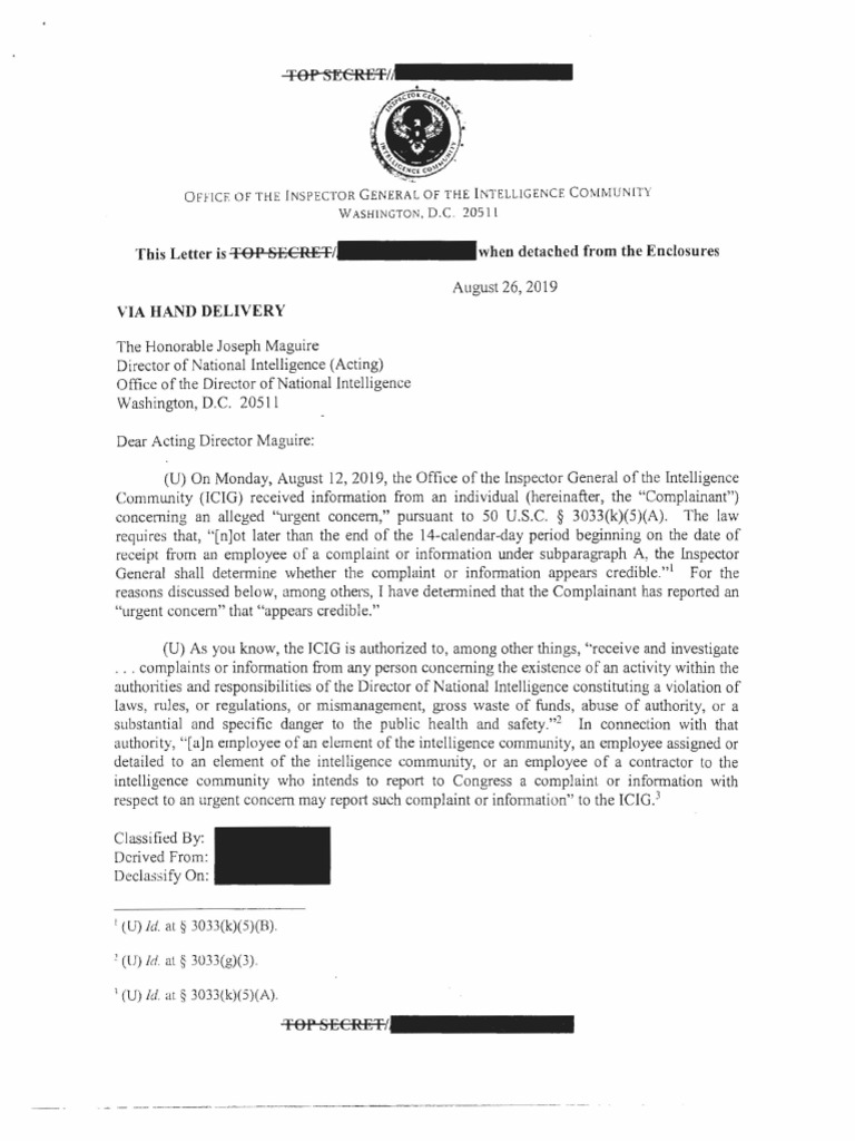 Official ICIG Letter To Acting DNI Unclassified OCRd | PDF | Classified ...