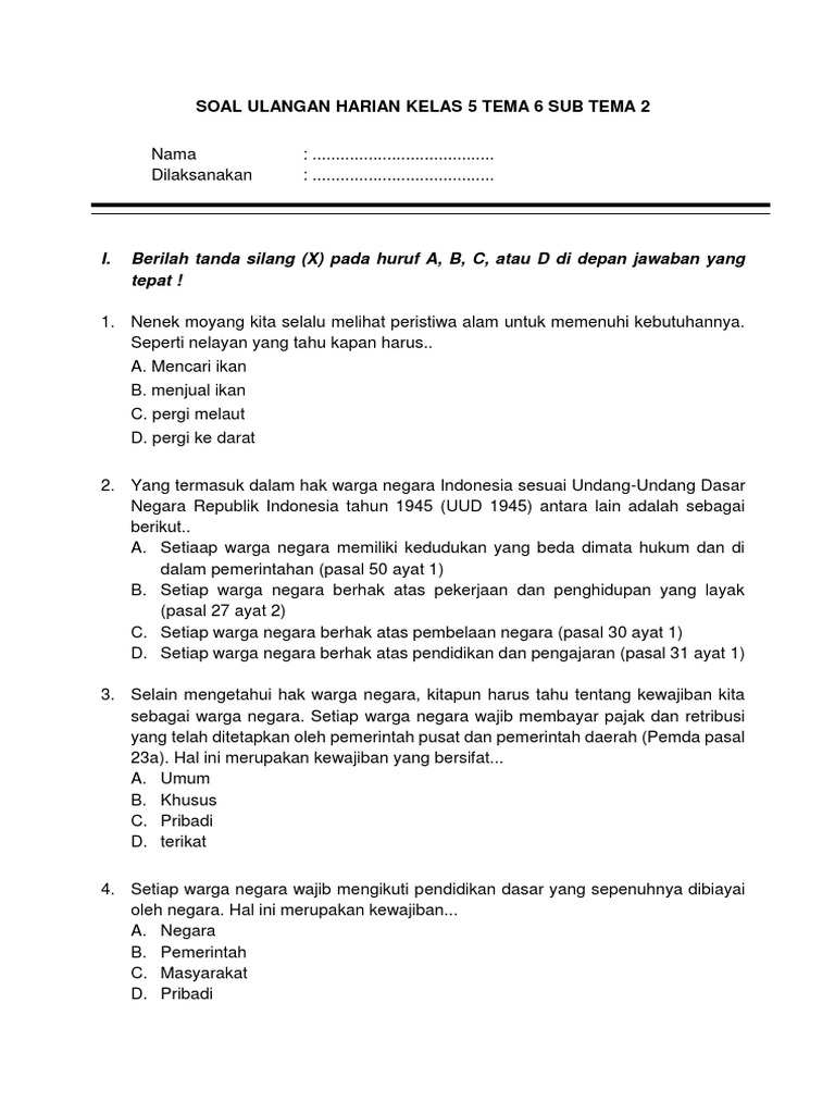 Soal UH Kelas 5 Tema 6 Sub Tema 2 | PDF | Ilmu Sosial | Perjalanan