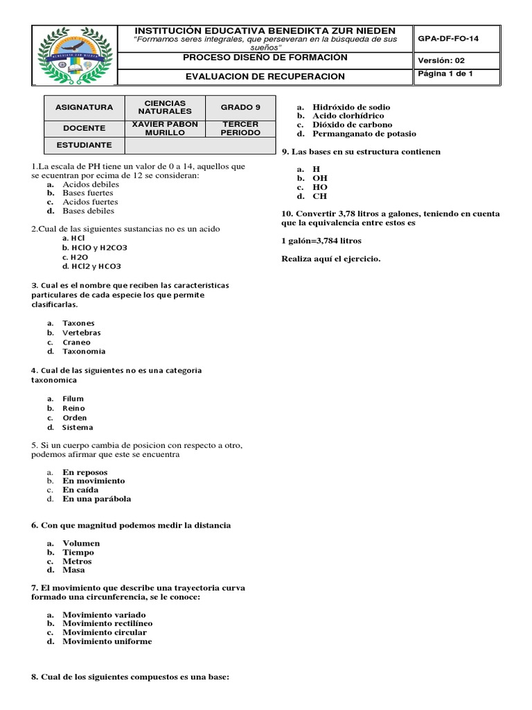 Examen de Recuperacion Noveno P3 | PDF | Ácido | Ácido clorhídrico