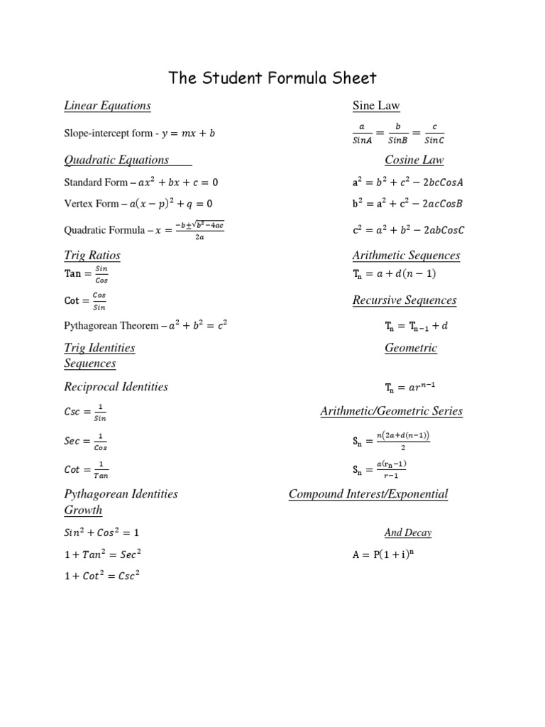 Pre Calculus Mathematics Formula Sheet | PDF