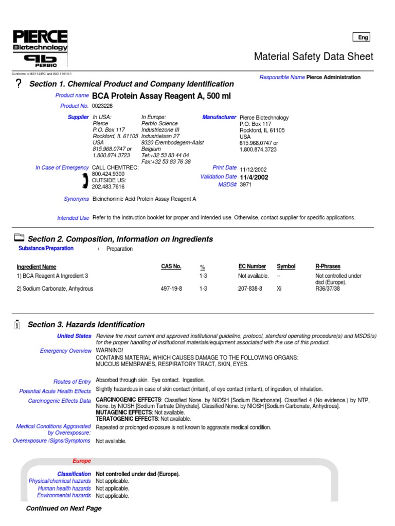 Material Safety Data Sheet: BCA Protein Assay Reagent A, 500 ML | PDF ...