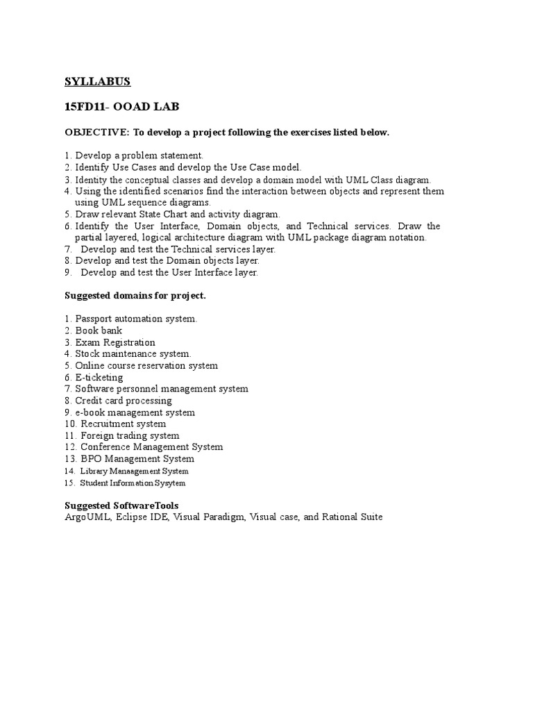 Syllabus 15Fd11-Ooad Lab: OBJECTIVE: To Develop A Project Following The Exercises Listed Below ...