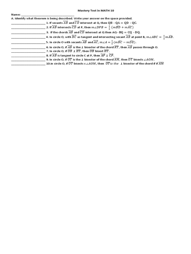 Mastery Test in MATH 10 | PDF | Elementary Geometry | Geometry