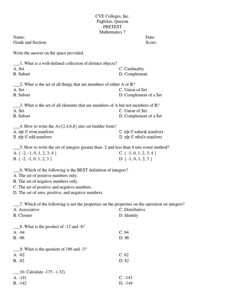 PRETEST-G7 Mathematics | PDF | Set (Mathematics) | Angle