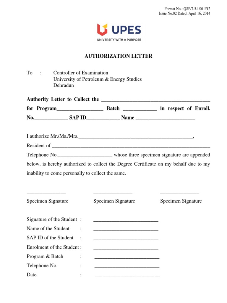 Authorization letter to collect degree certificate | PDF