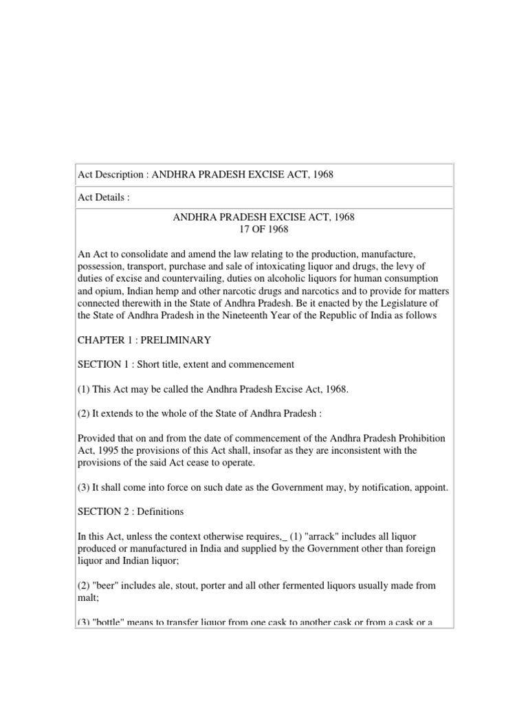 Andhra Pradesh Excise Act, 1968 | PDF | License | Excise