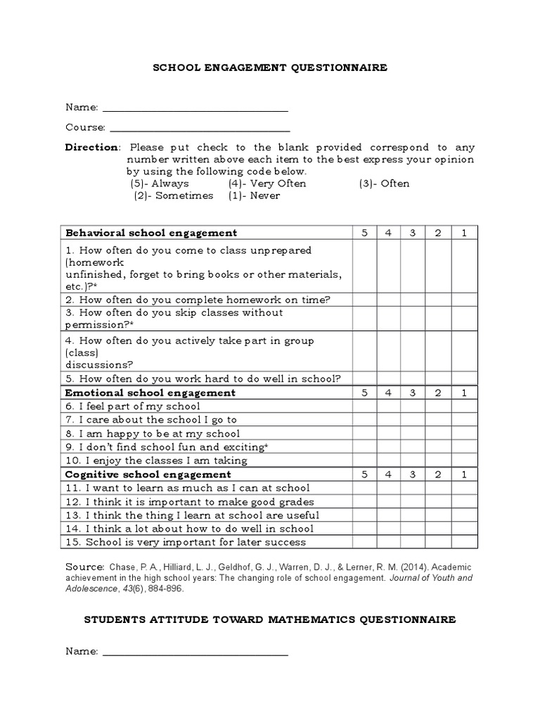School Engagement Questionnaire | PDF | Teaching Mathematics ...