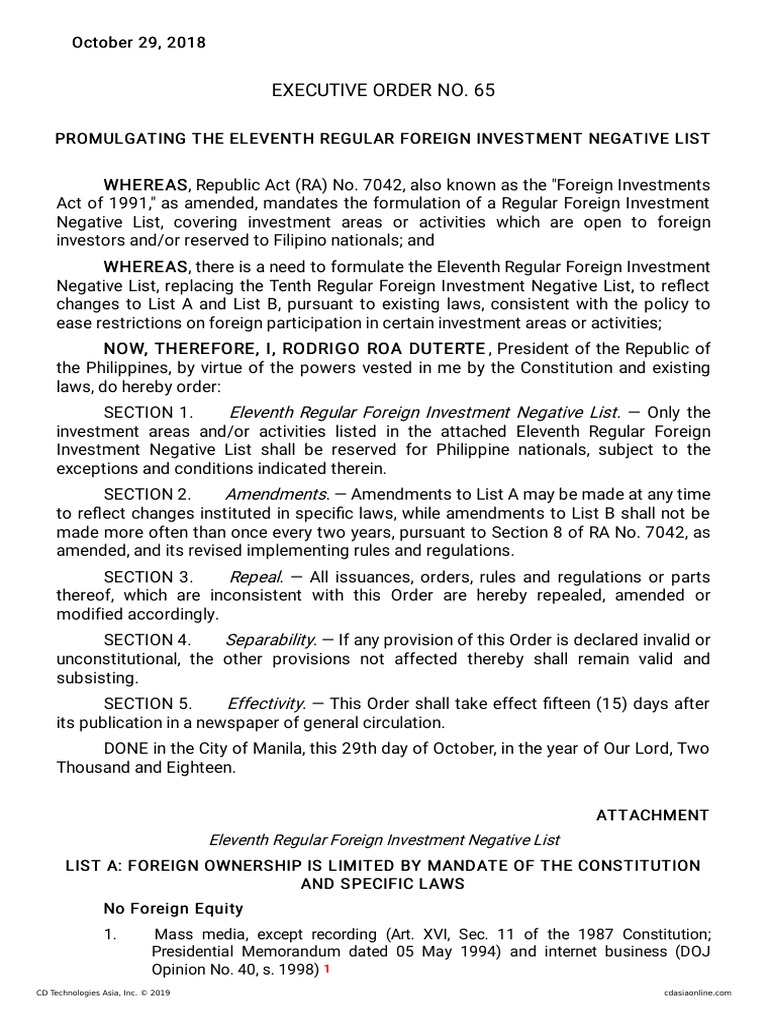 2 EO 65 Foreign Investment Negative List | PDF | Real Estate Broker ...