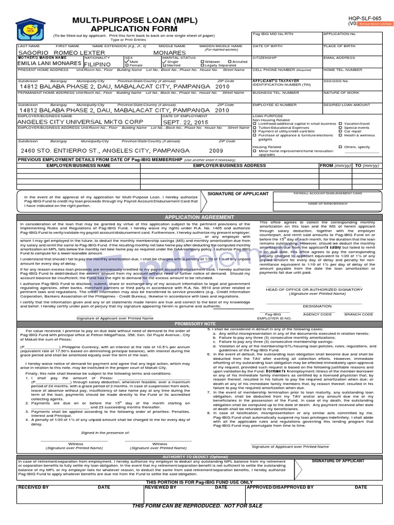 Multi-Purpose Loan (MPL) Application Form: Emilia Lani Monares | PDF ...