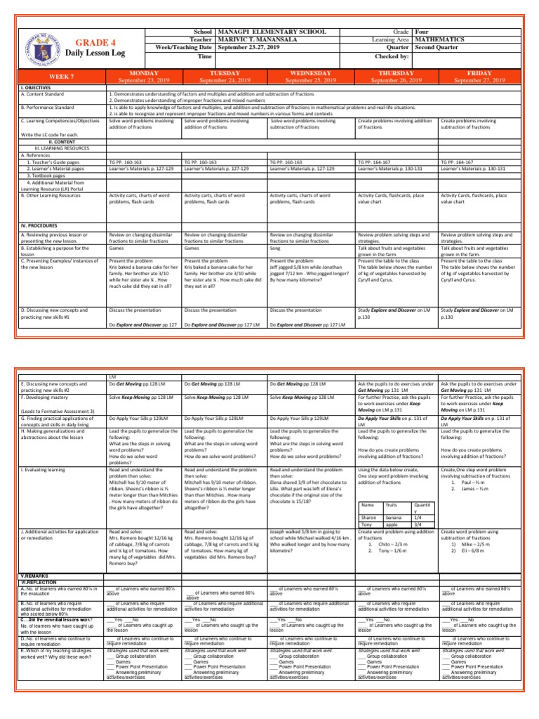 Grade 4 DLL Quarter 2 Week 7 (Sir Bien Cruz) | PDF | Fraction ...