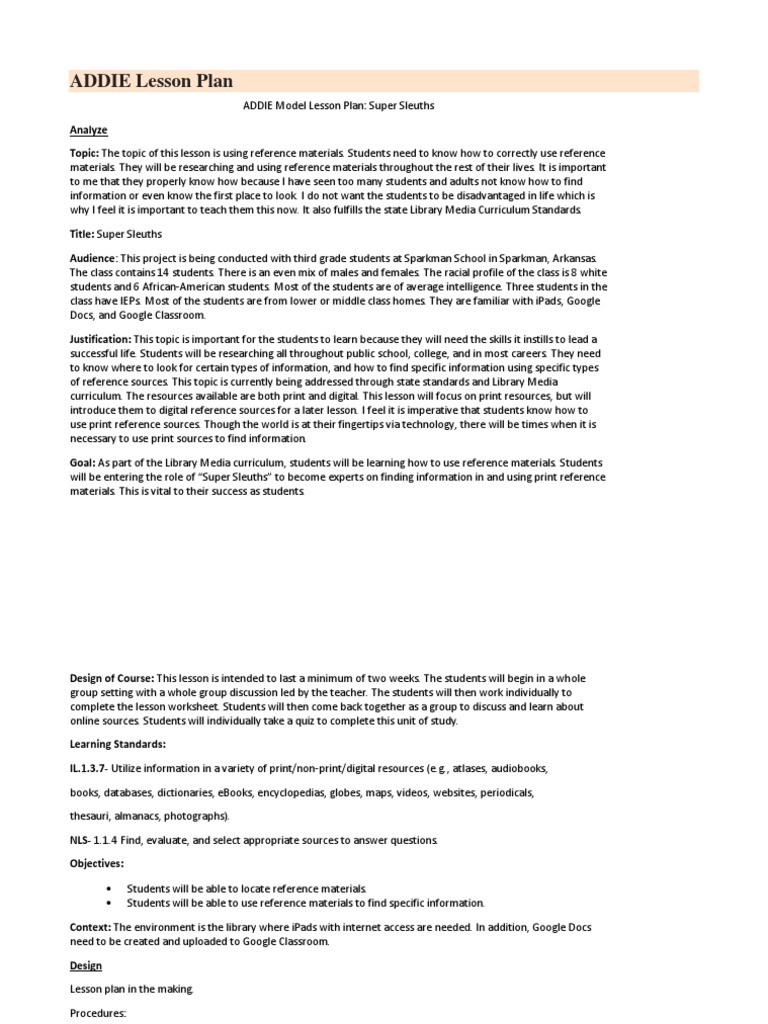 ADDIE Lesson Plan: Super Sleuths | PDF | Libraries | Classroom
