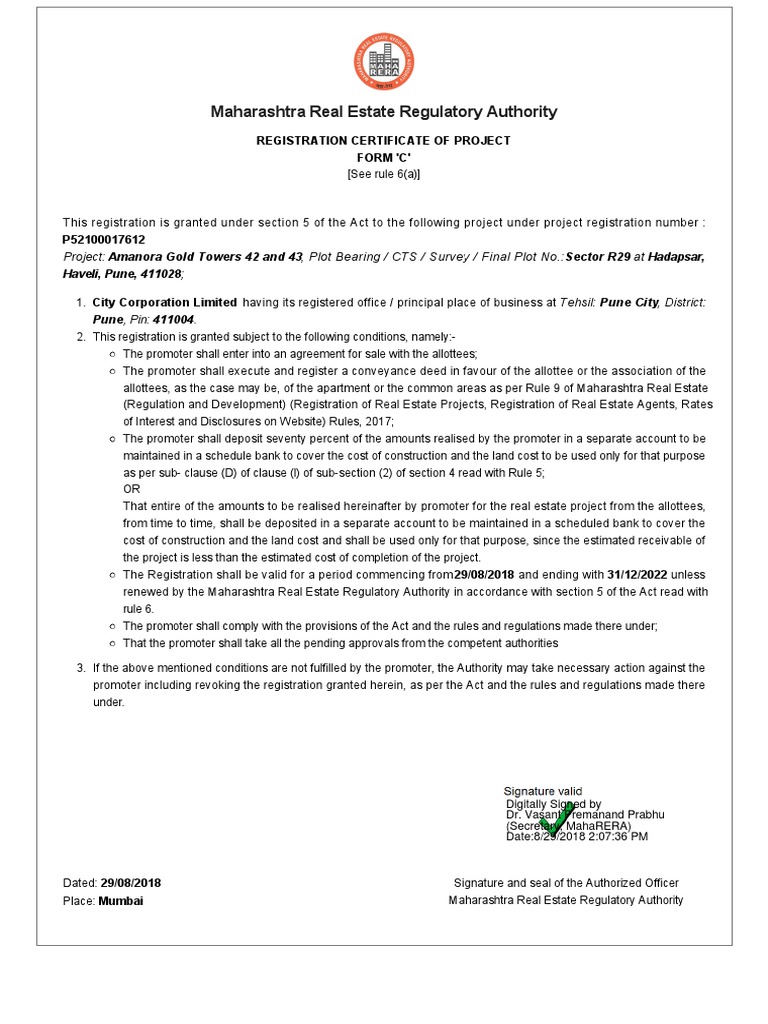 RERA Registration Certificate for Amanora | PDF | Civil Law (Common Law ...