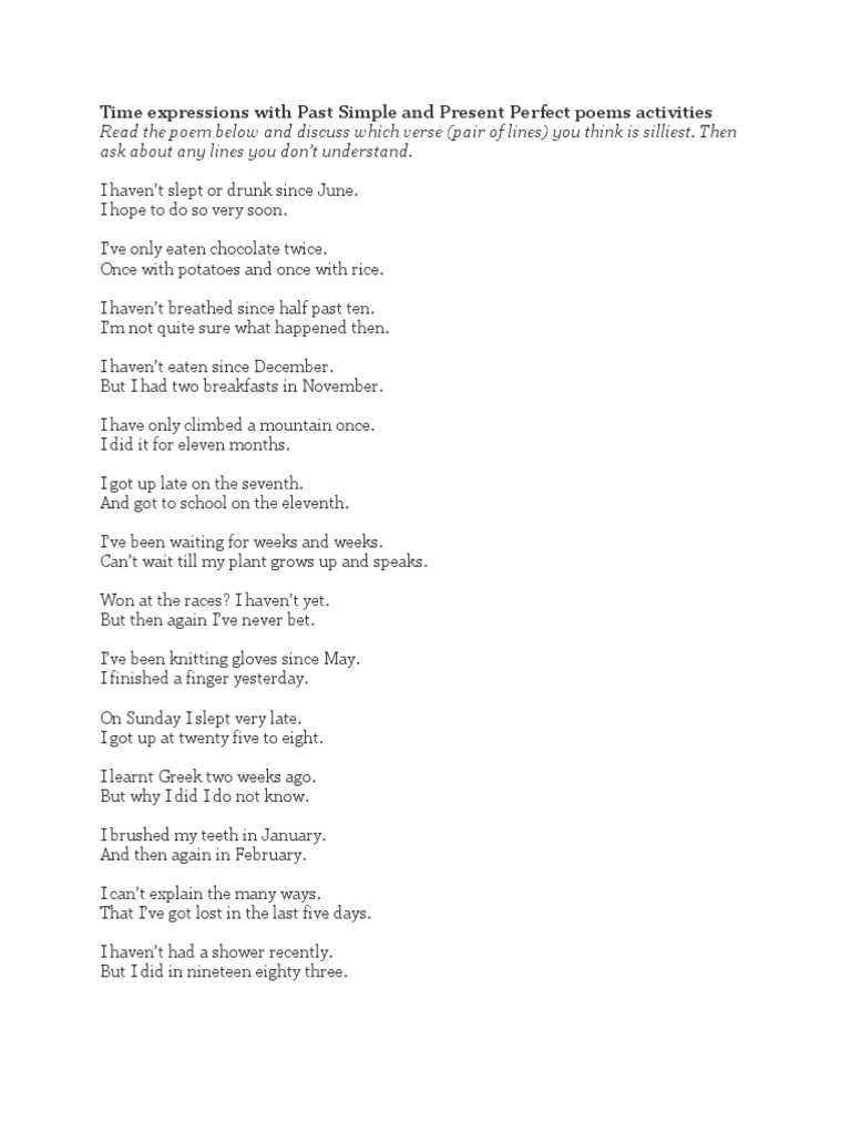 Past Simple and Present Perfect Poems for Time Expressions | PDF