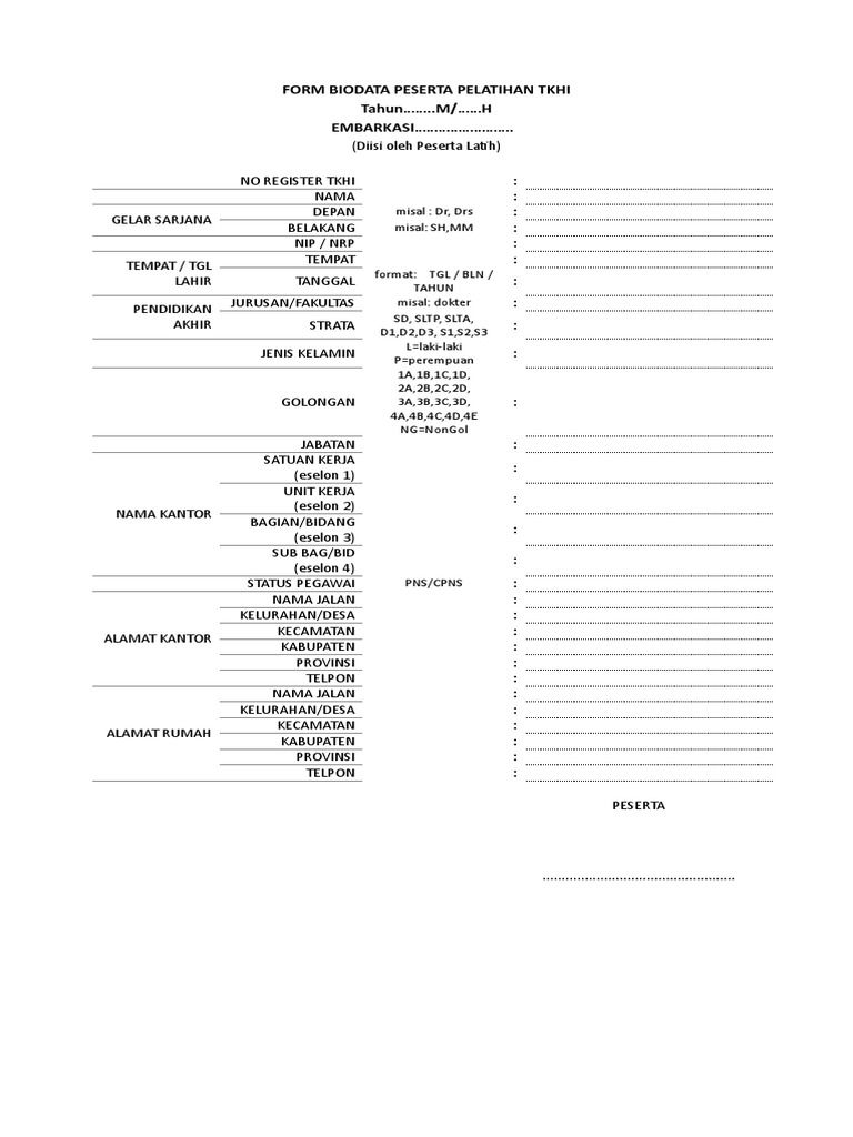 Form Biodata Peserta Pelatihan TKHI | PDF